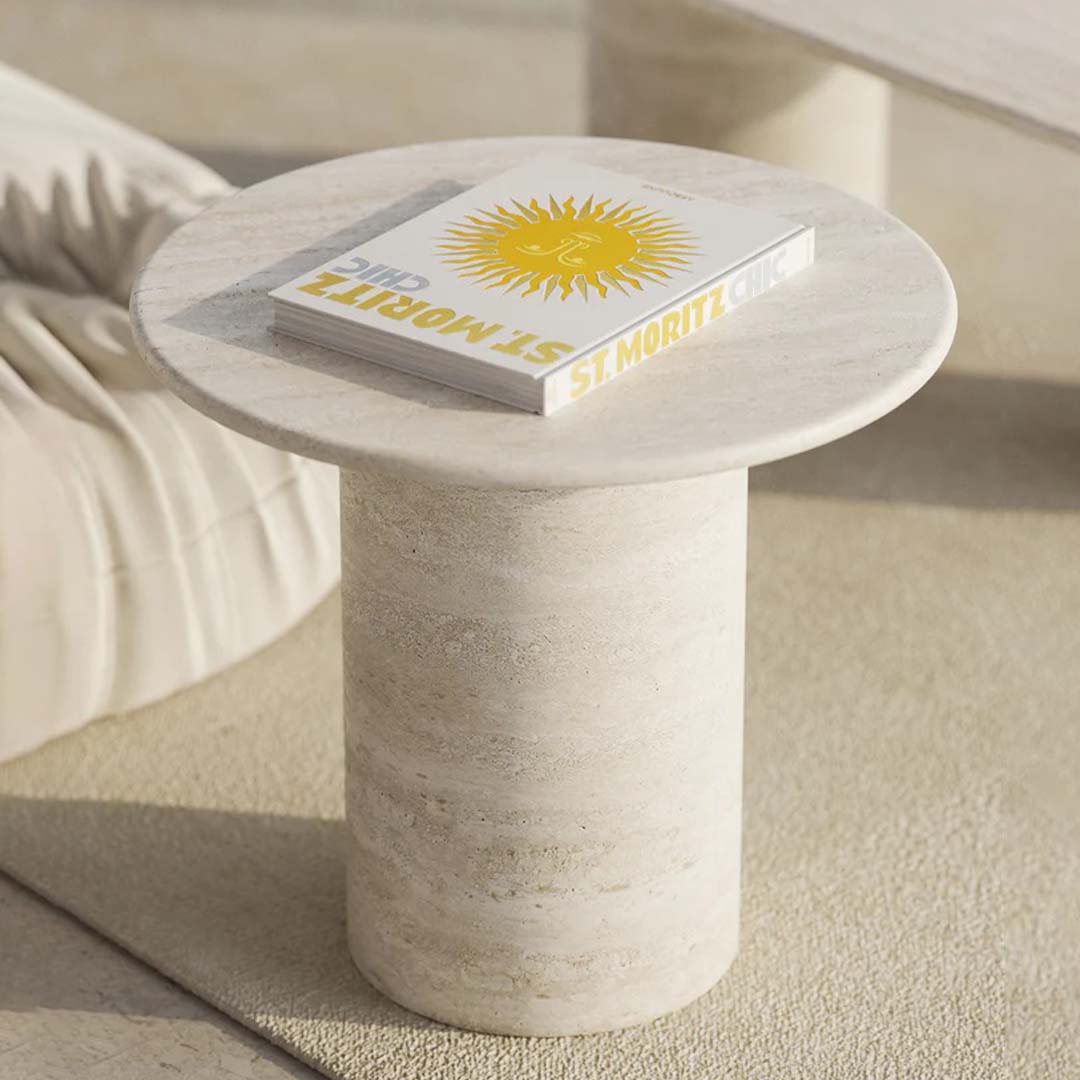 Vertigo Side Table – Natural Bianco Travertine Marble